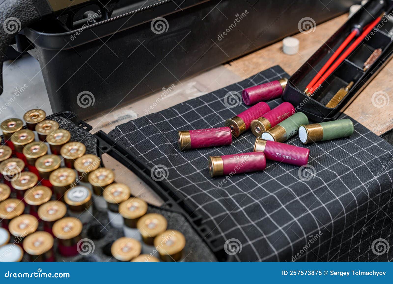 Shotgun Shells on Wooden Table in a Workshop Stock Image - Image of ...
