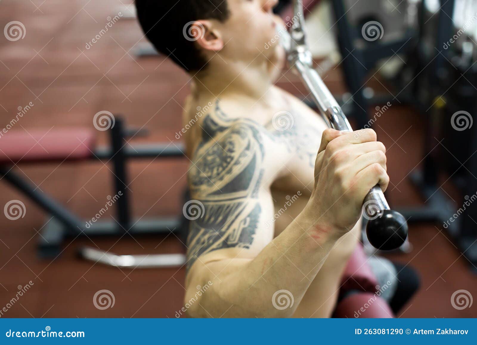 Shoulder Pull Down Machine. Fitness Man Working Out Lat Pulldown ...