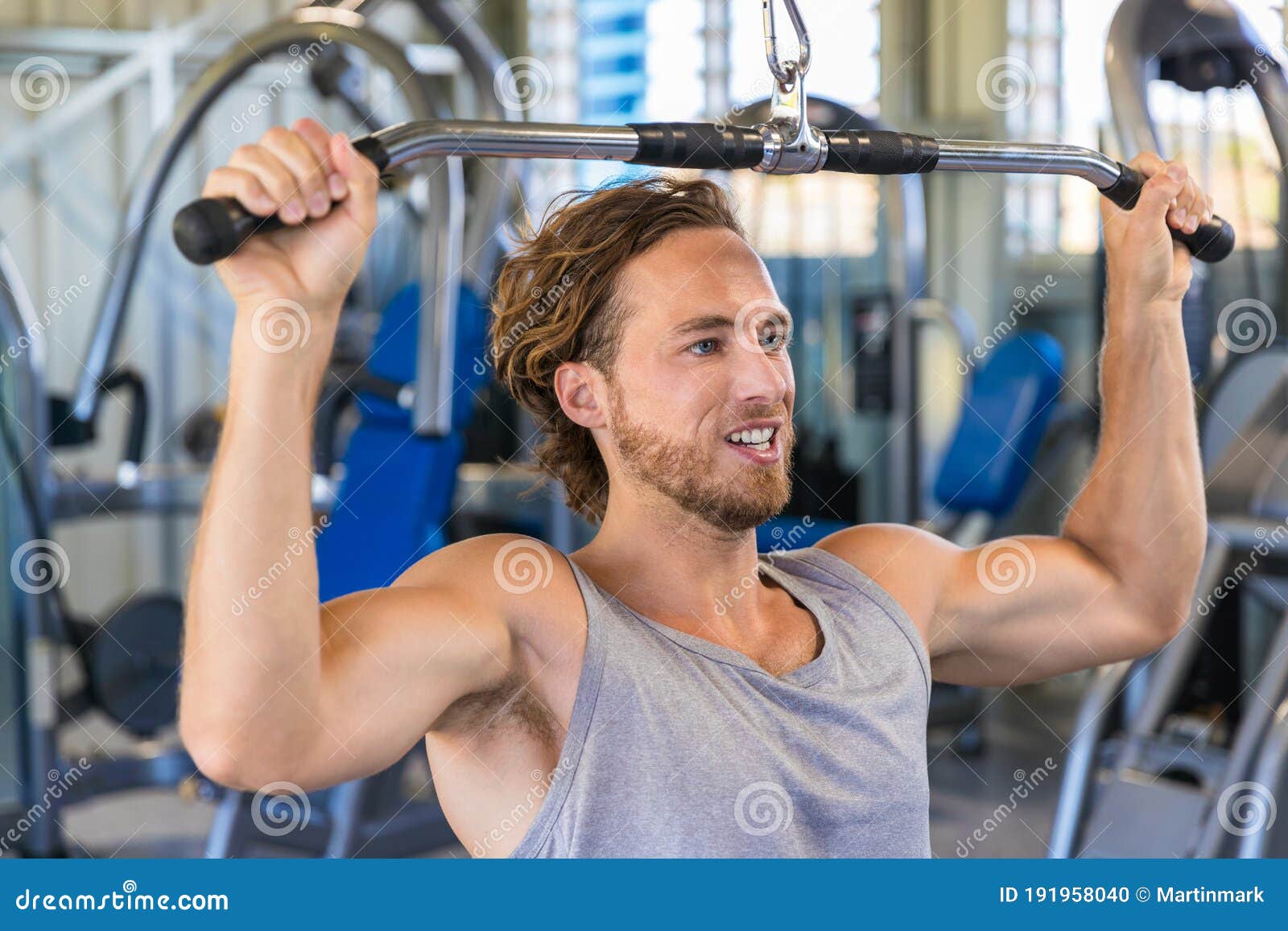 Shoulder Pull Down Machine. Fitness Man Working Out Lat Pulldown ...