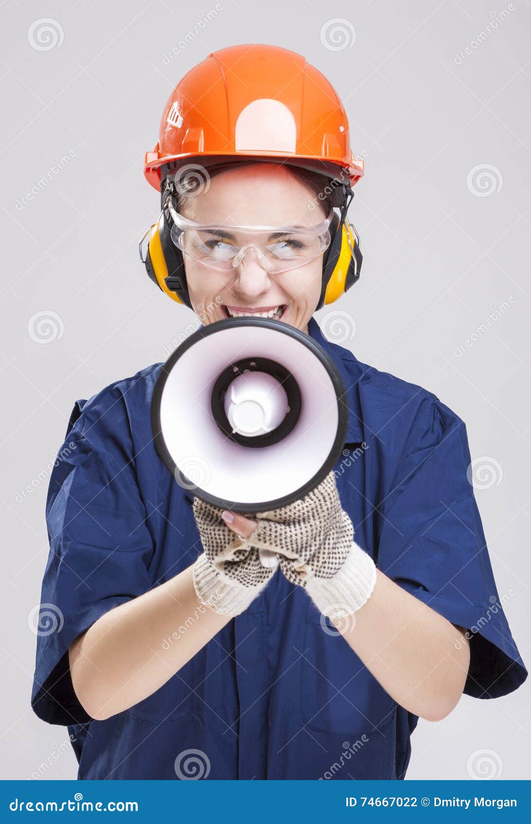 Shouting Caucasian Female Worker Posing with Megaphone and Wearing ...