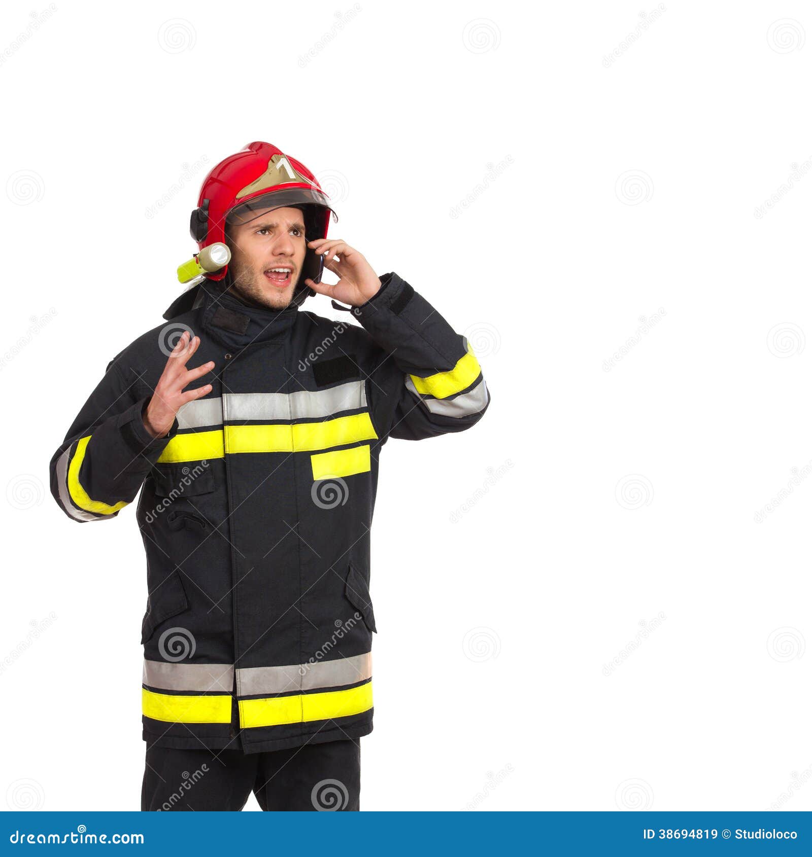 Shouting Fireman Using Phone. Stock Image - Image of isolated, people ...