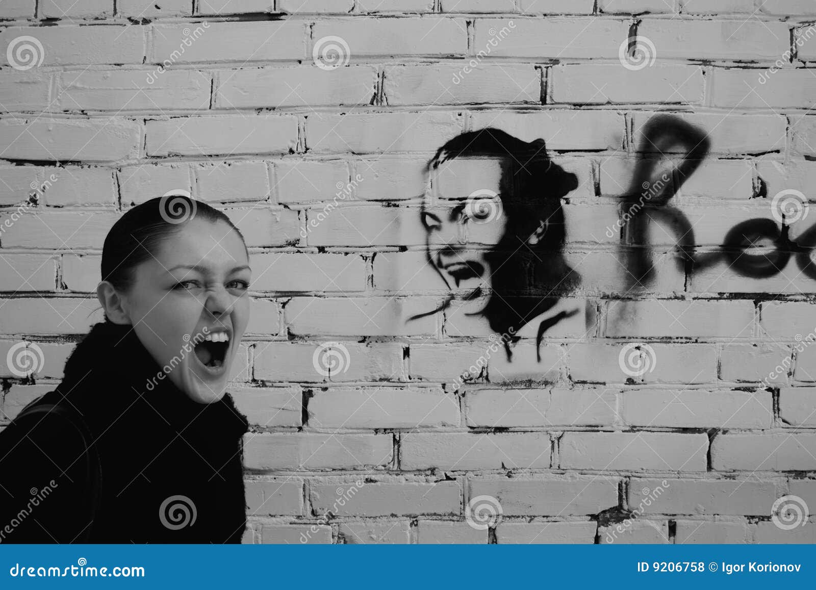 Shouting Woman on a Brick Wall Stock Photo - Image of shouting, opened ...