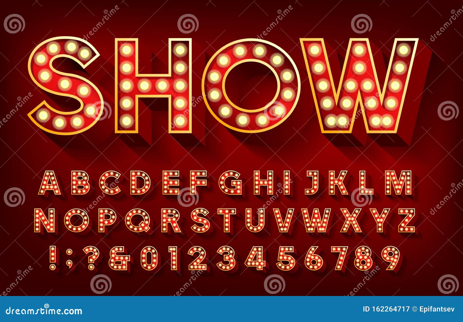 Show Alphabet Font. 3D Letters and Numbers with Light Bulbs and Shadows ...