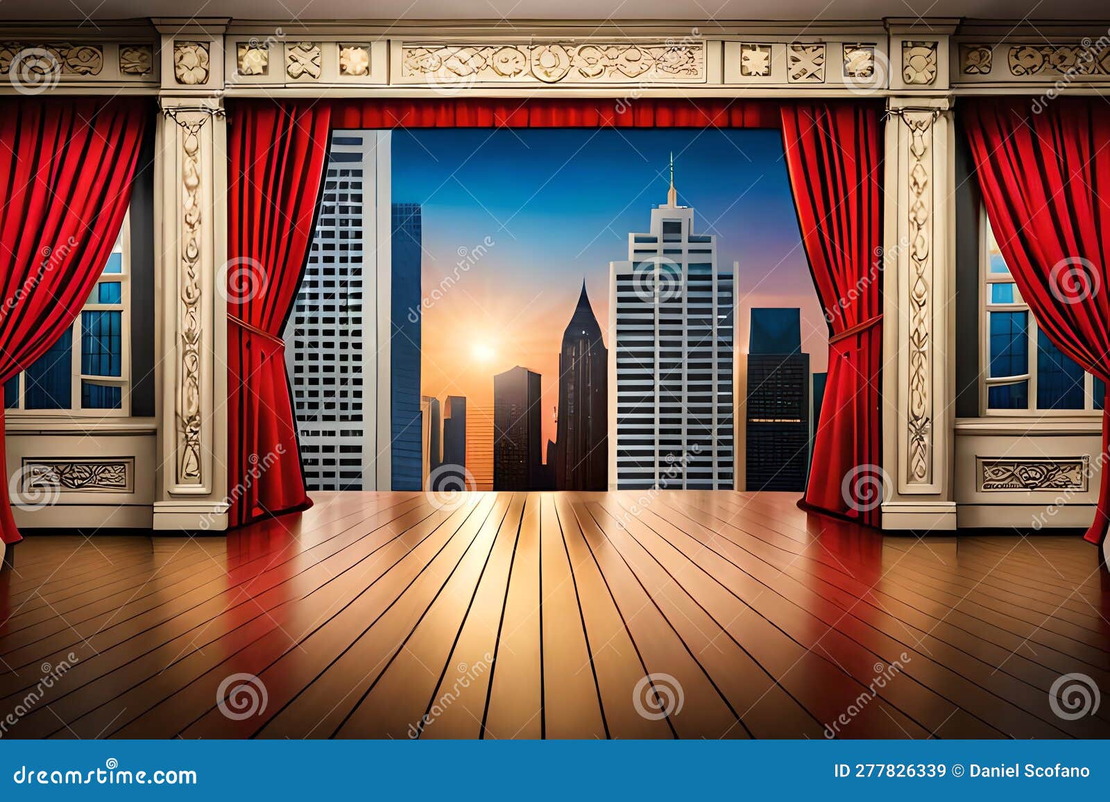 Show Stage with Red Curtains are Opening with Spotlight Performance ...