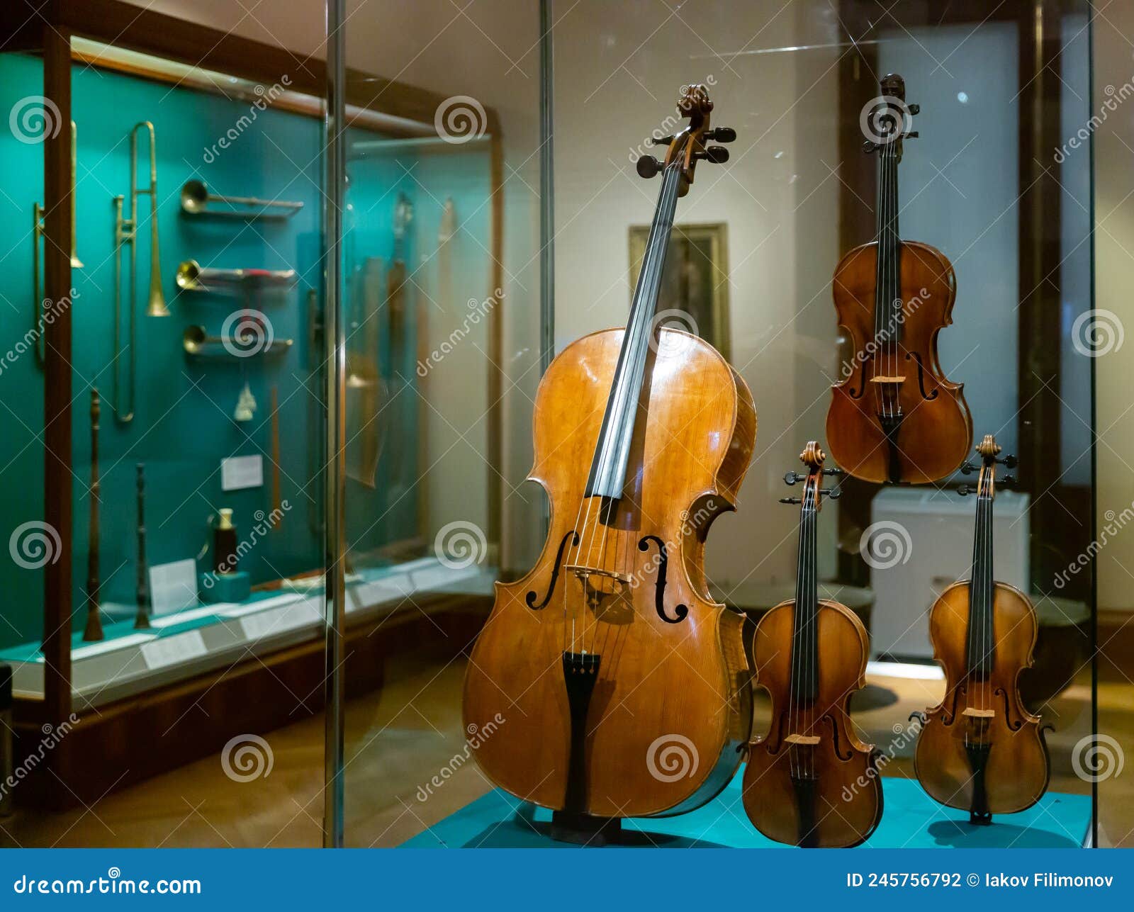 Showcase with Bowed String Instruments in Weltmuseum Wien, Austria ...