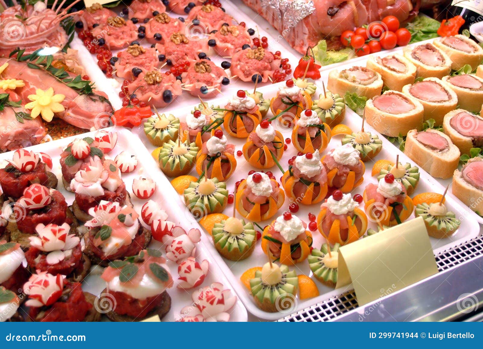 A Showcase of a Delicatessen with Ready-made Snacks of Meat, Fruit and ...