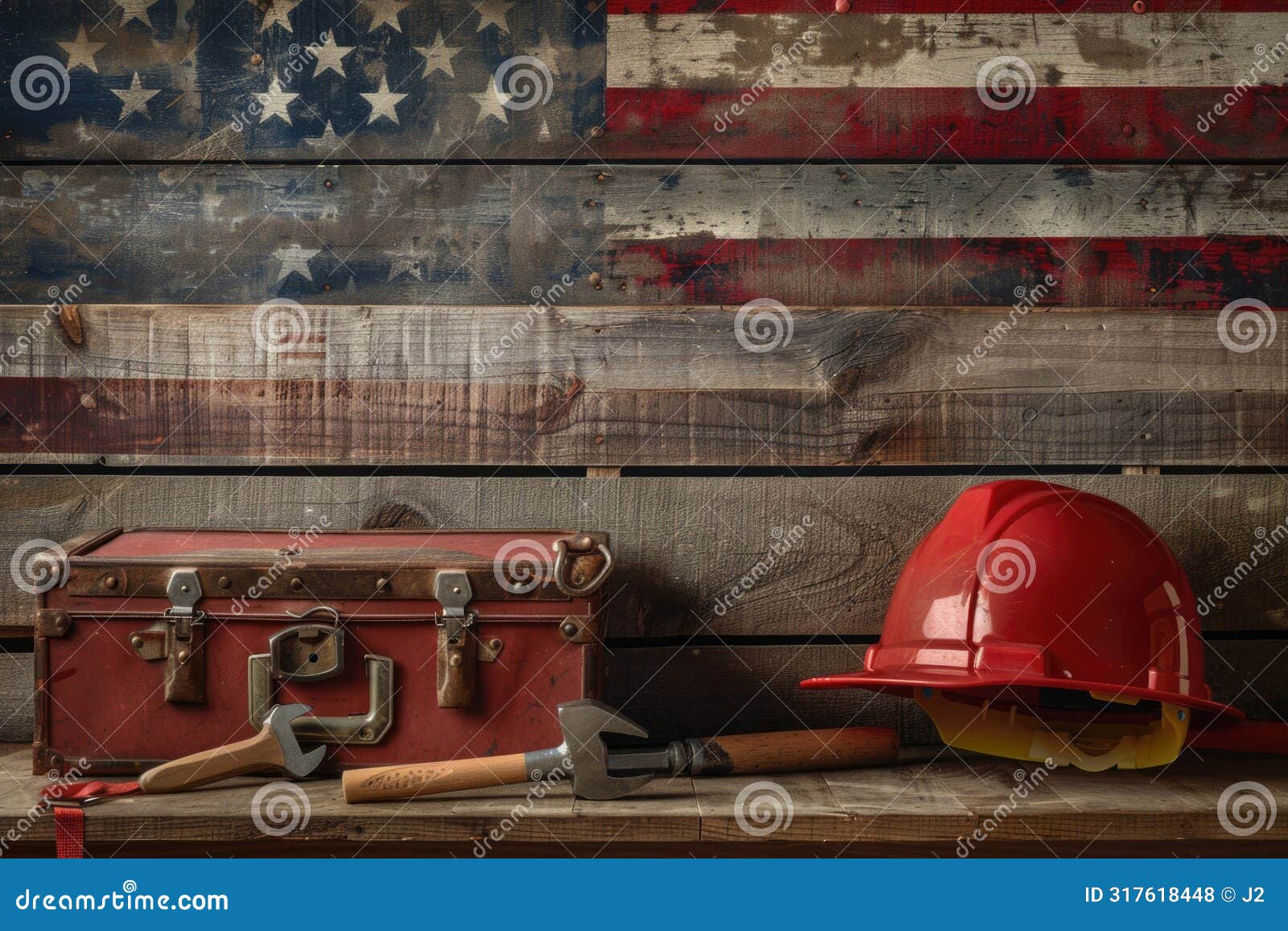 Showcase of Labor Day Symbols Including a Toolbox, Hard Hat, and Flag ...