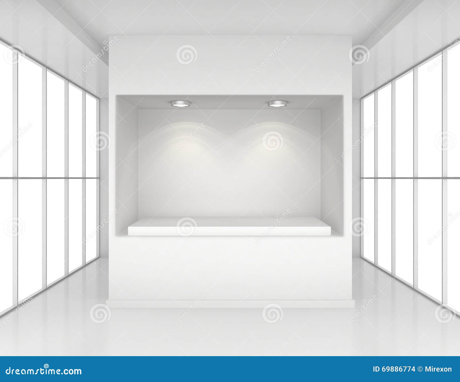 Showcase with Lights and Podiums for Samples Product in Blank Interior ...
