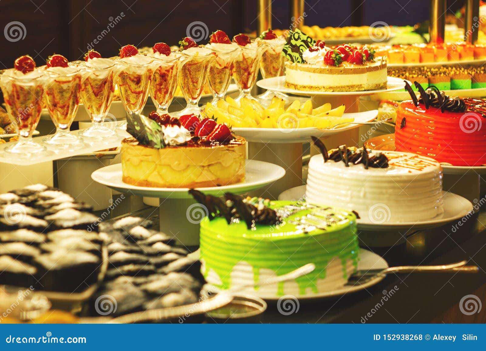 Showcase with many cakes. stock photo. Image of fruit - 152938268