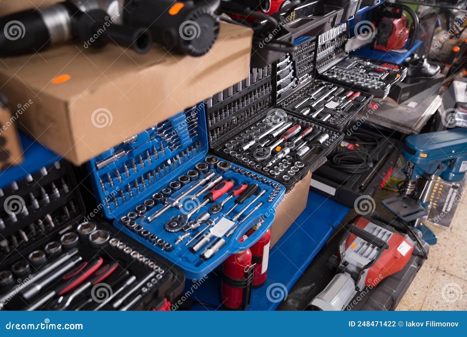 Showcase with Tools in the Storehouse Stock Photo - Image of product ...