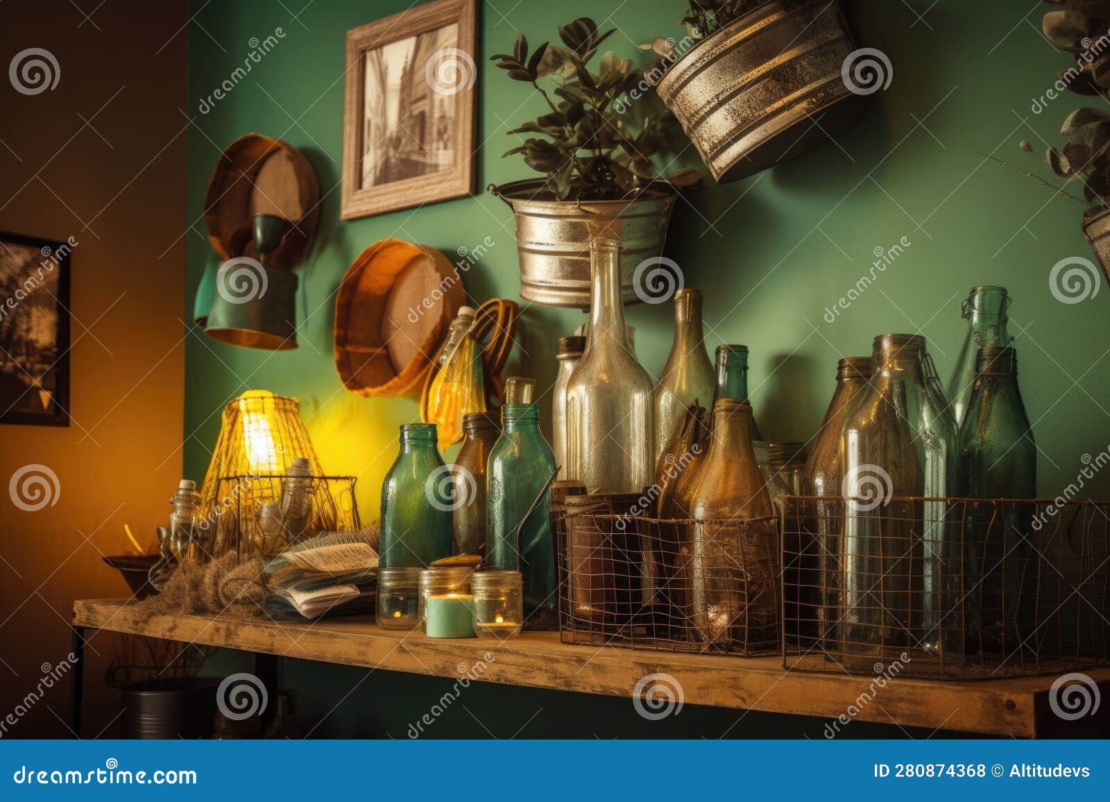 Showcase of Upcycled Items, Including Lamps, Baskets, and Vases Stock ...