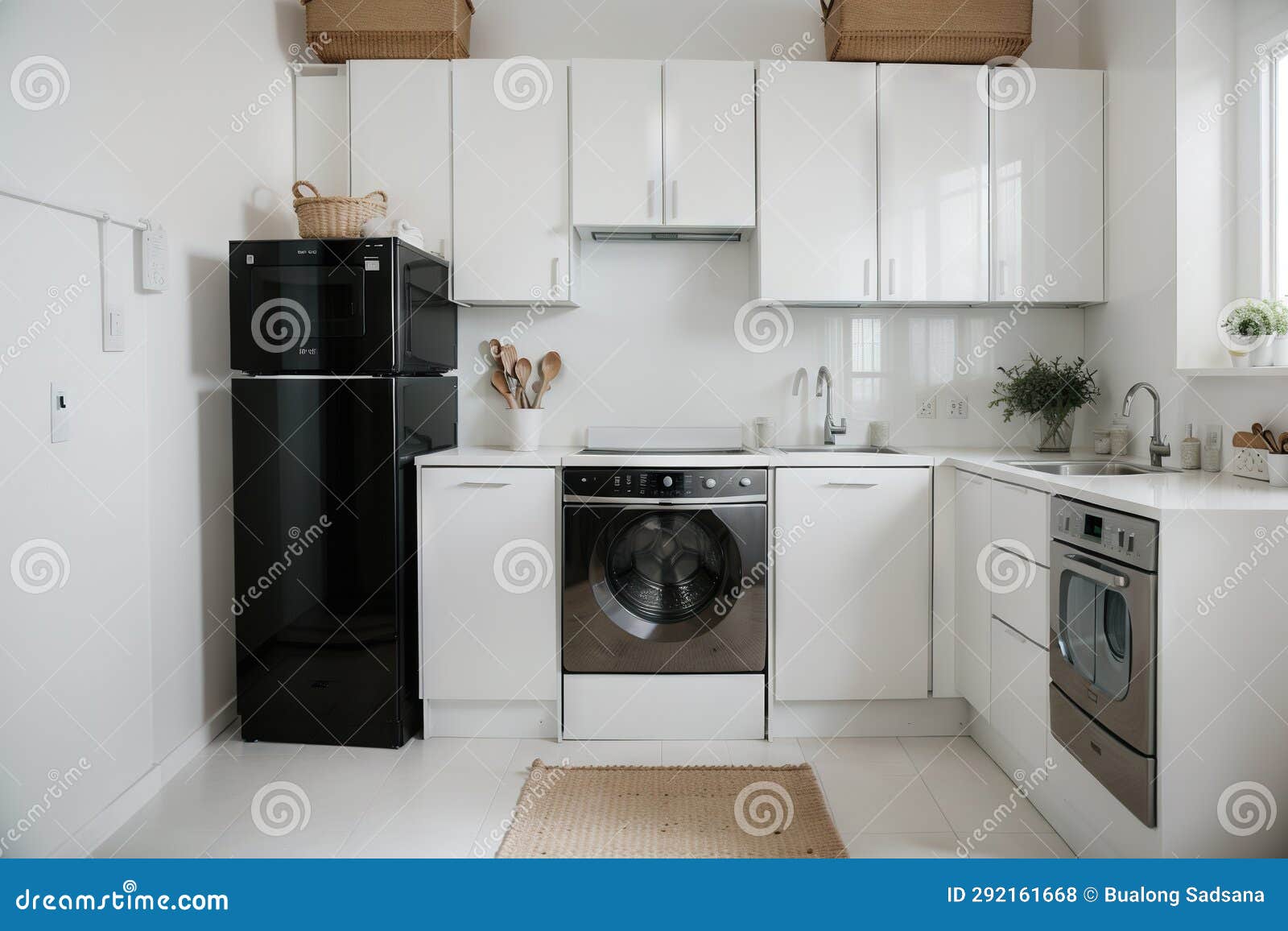 Interior of Light Kitchen with Washing Machine, Oven and White Counters ...