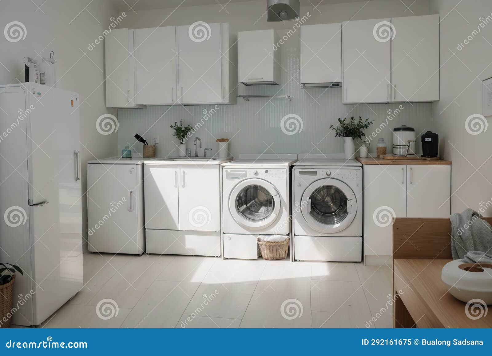 Interior of Light Kitchen with Washing Machine, Oven and White Counters ...
