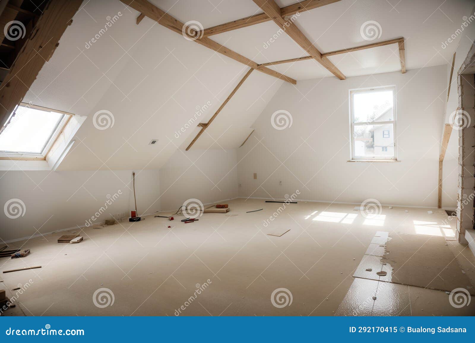 Spacious Empty Rooms in the Attic Floor after Filling Out the Work on ...