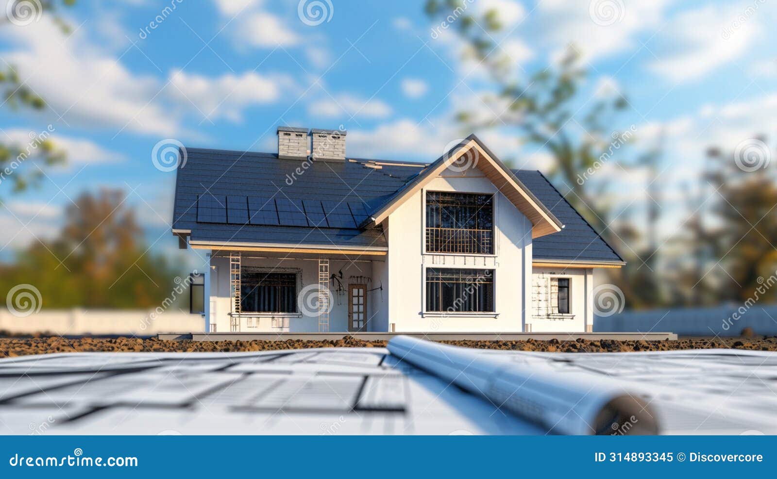 Newly Constructed House with Blueprints in Foreground Stock ...