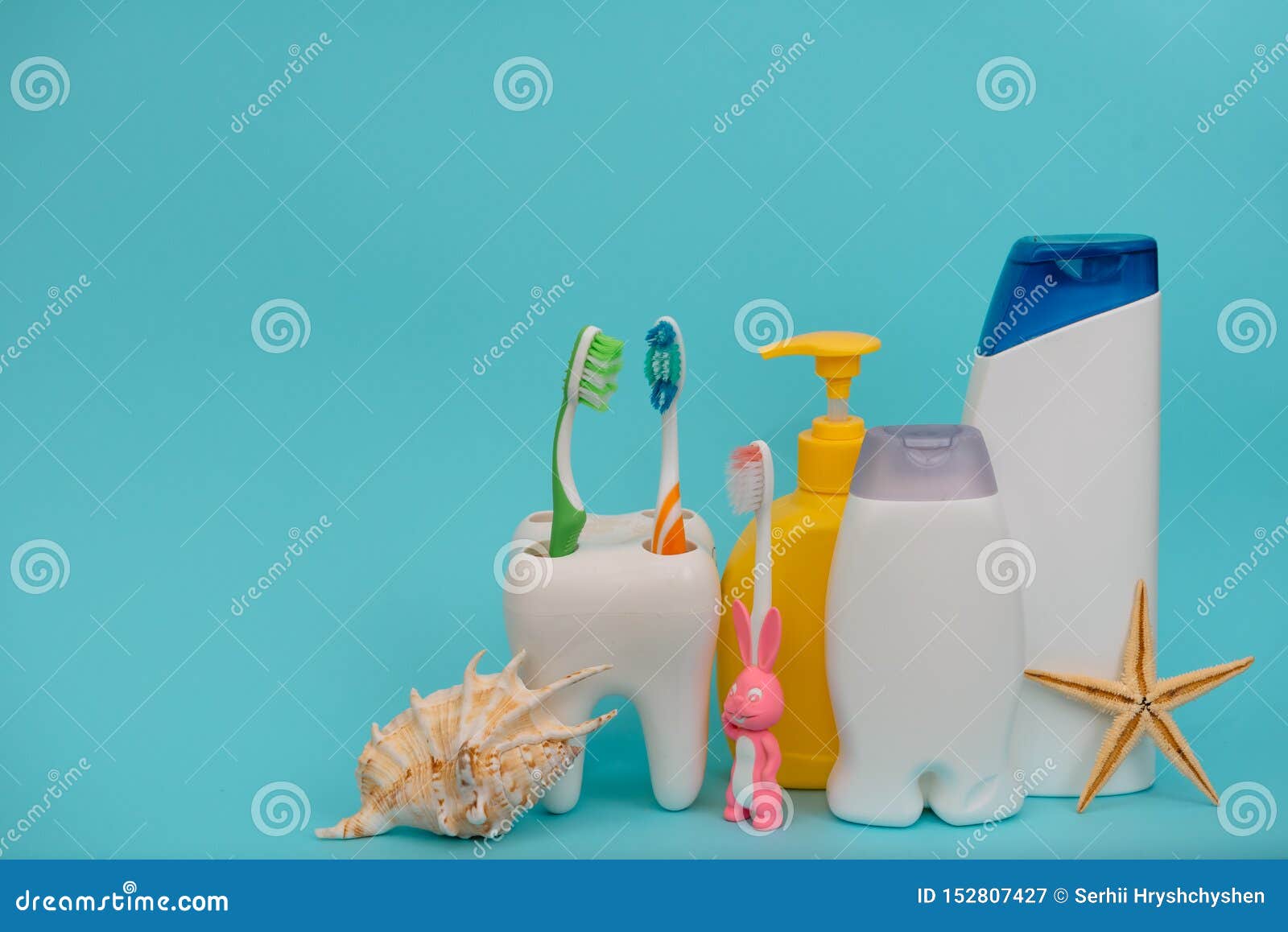 Shower Accessories on a Colored Background. Bathroom Setting on Blue ...