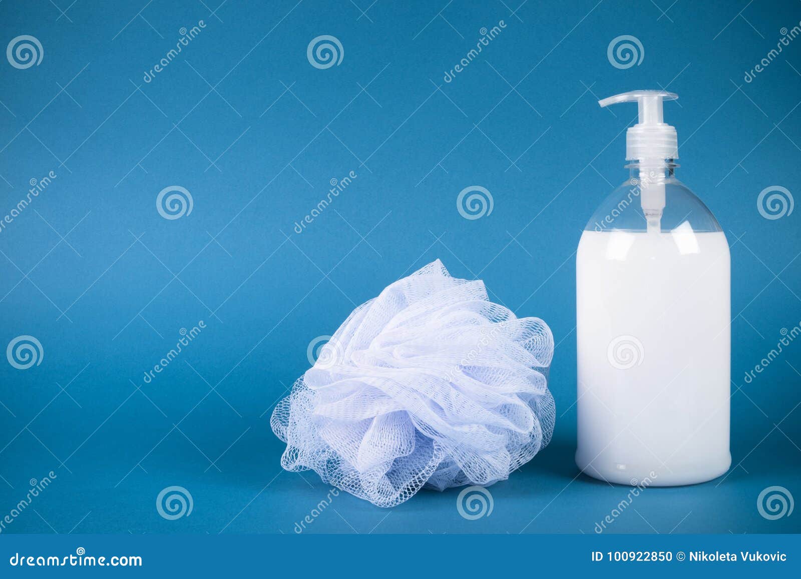 Shower gel and bath sponge stock photo. Image of care - 100922850