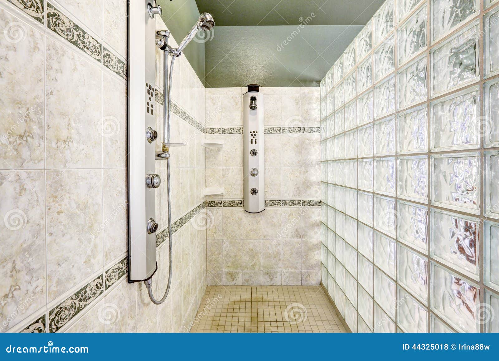 Shower with Glass Block Wall and Tile Trim Stock Photo - Image of ...