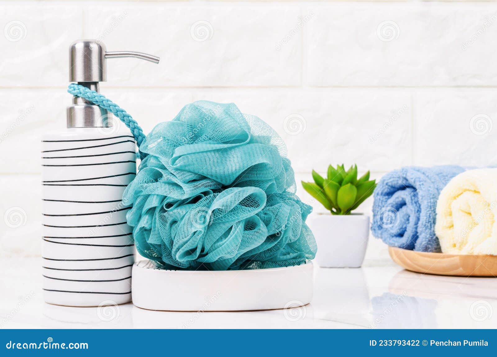 Shower Sponge and Shampoo Pump Bottle Stock Photo - Image of bath ...