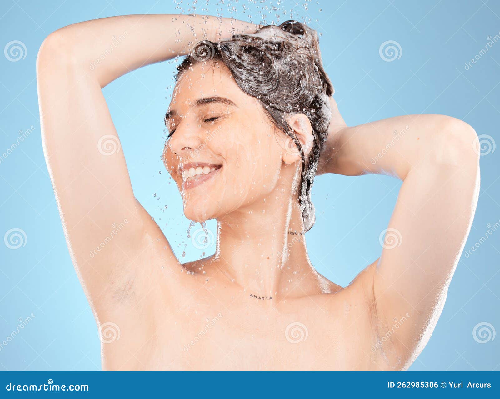 Shower Woman And Hygiene With Water Relax From Cleaning Shampoo And