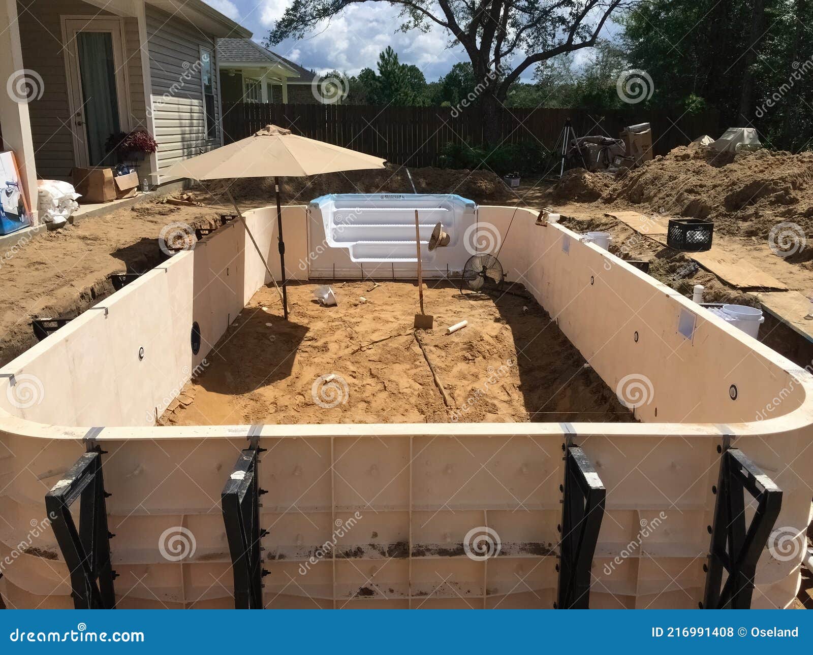 In Ground Residential Swimming Pool Construction. Prefab Walls. Stock ...
