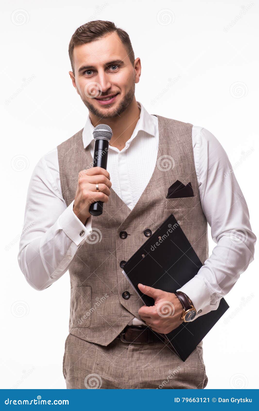 The Showman Interviewer. Young Elegant Man Holding Microphone Stock ...