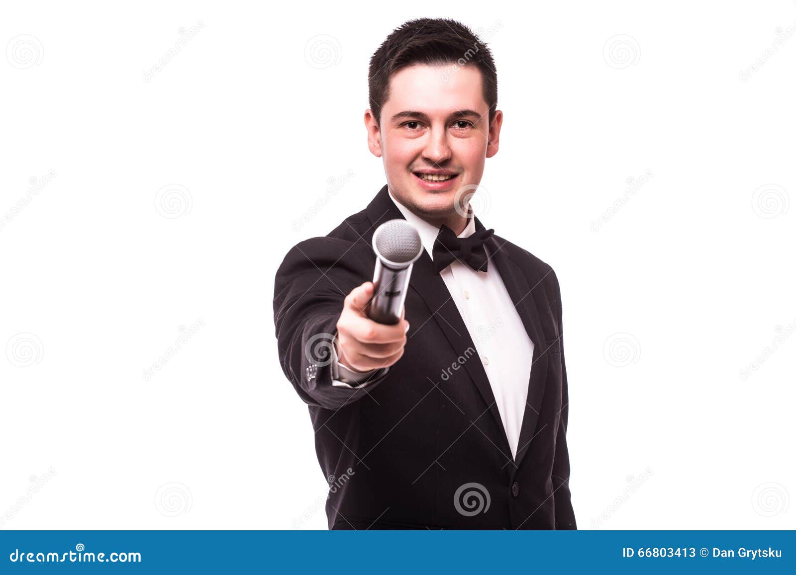 The Showman Interviewer. Young Elegant Man Holding Microphone Stock ...