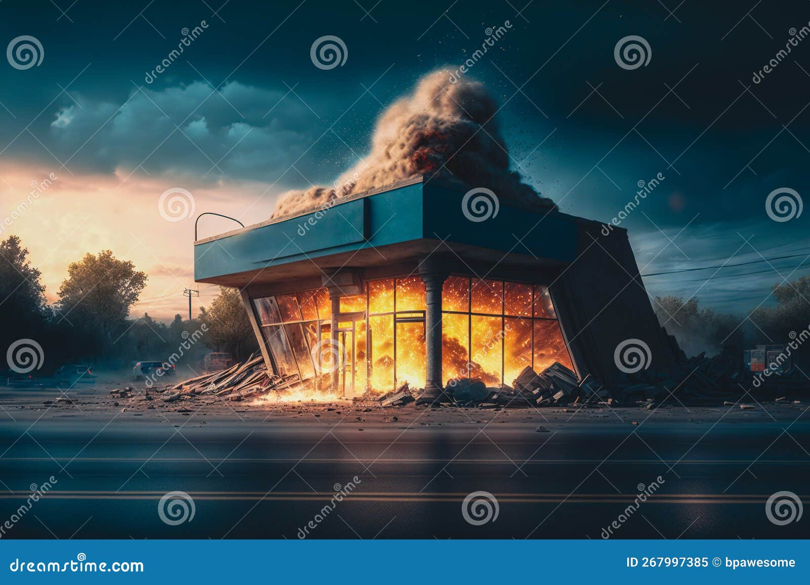 Showroom Building Exploding with Fire and Smoke, Generative AI Stock ...