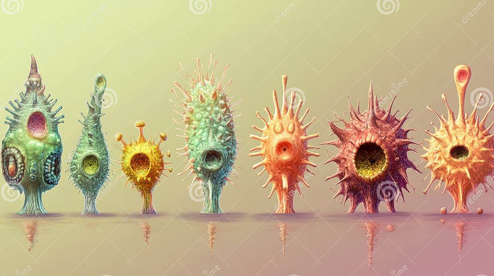 Progression of Viral Forms Showcasing Evolving Complexity and Structure in Biological Models ...