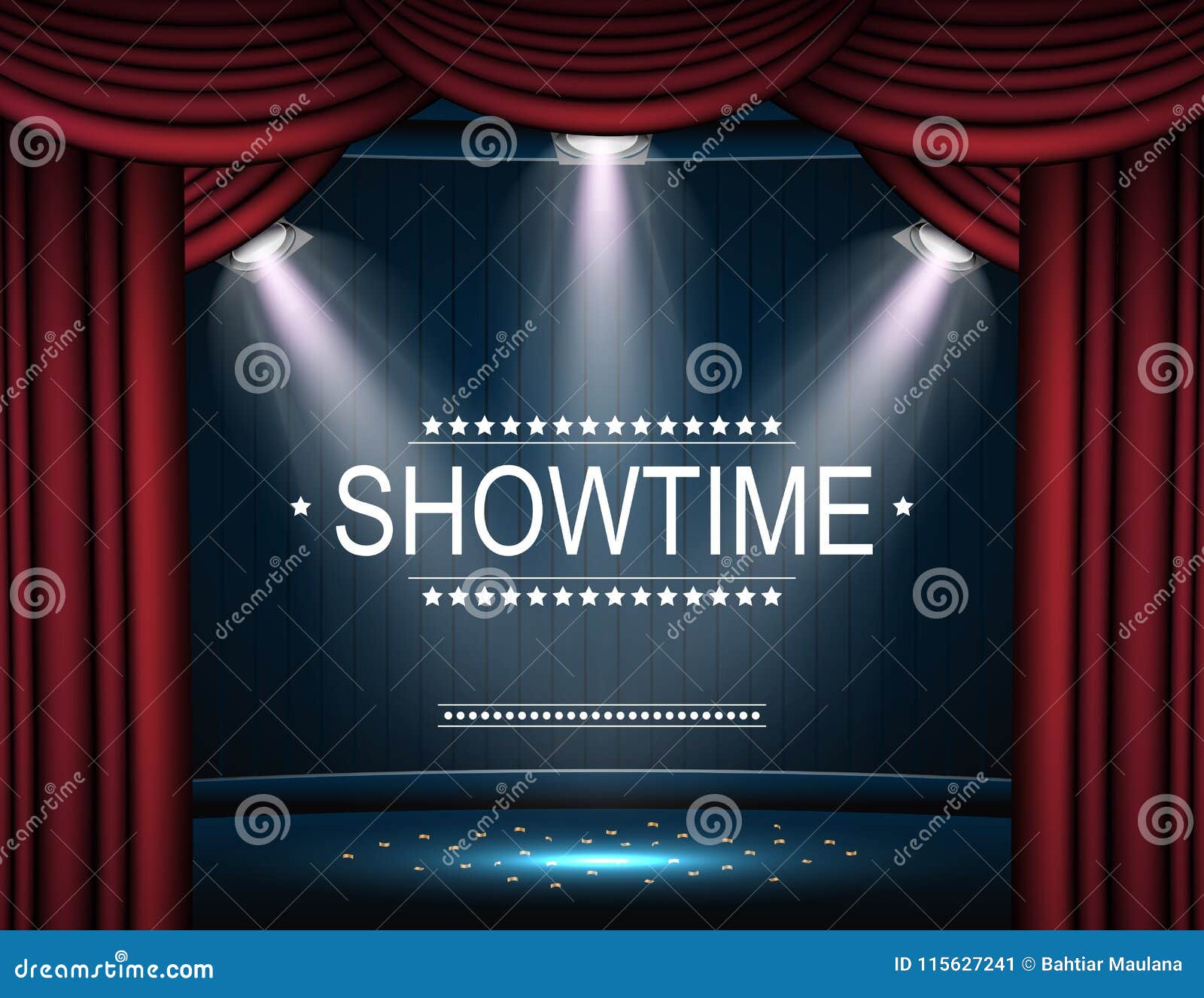 Showtime Background with Curtain Illuminated by Spotlights Stock Vector ...