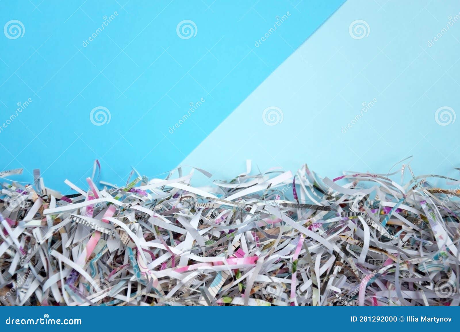 The Shredded Paper on Light Blue Background. Stock Photo - Image of ...
