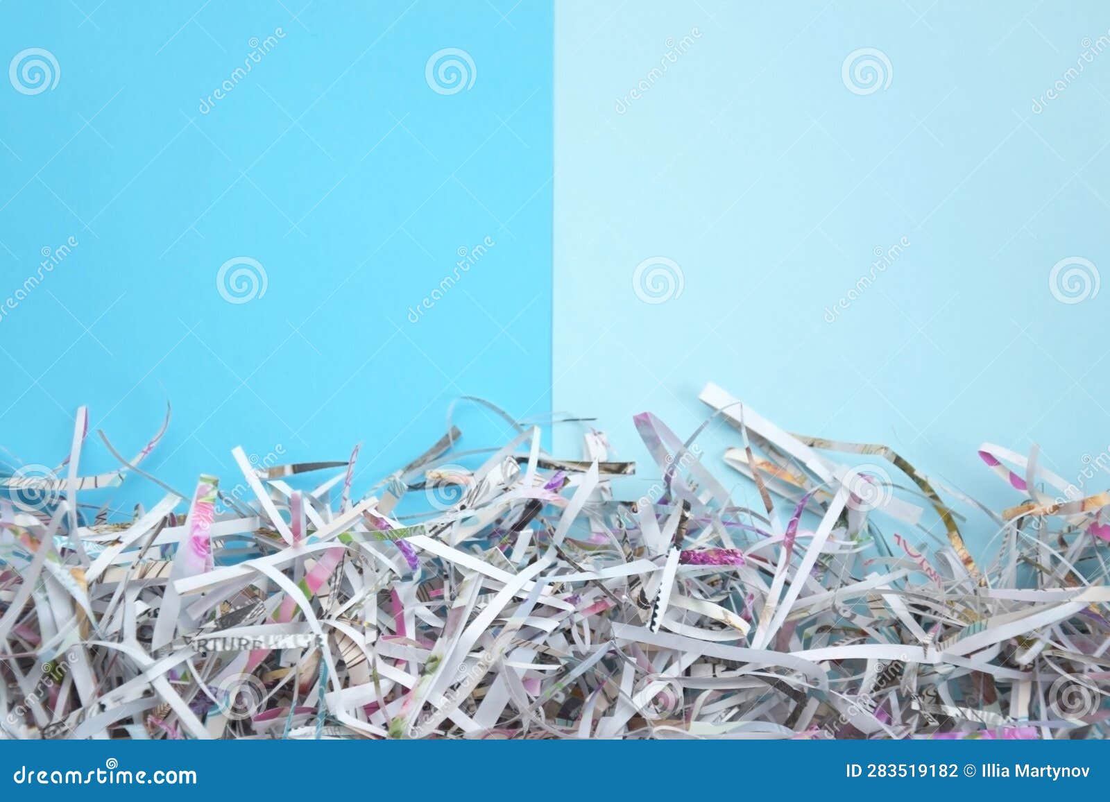 The Shredded Paper on Light Blue Background. Stock Photo - Image of ...