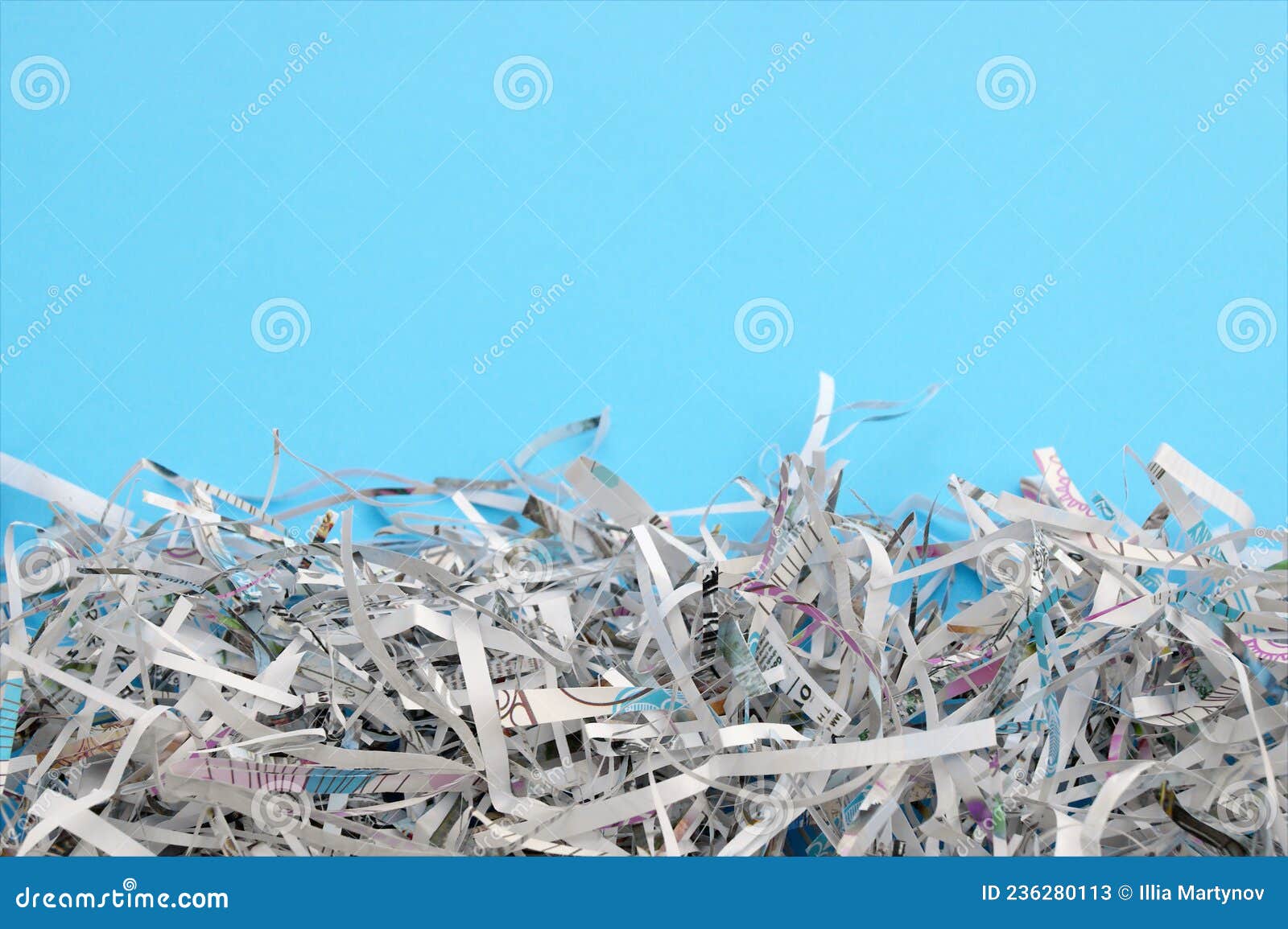 The Shredded Paper on Light Blue Background. Stock Image - Image of ...