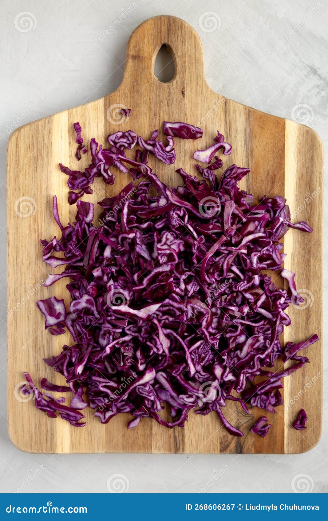 Shredded Purple Cabbage on a Board, Top View. Flat Lay, Overhead, from ...