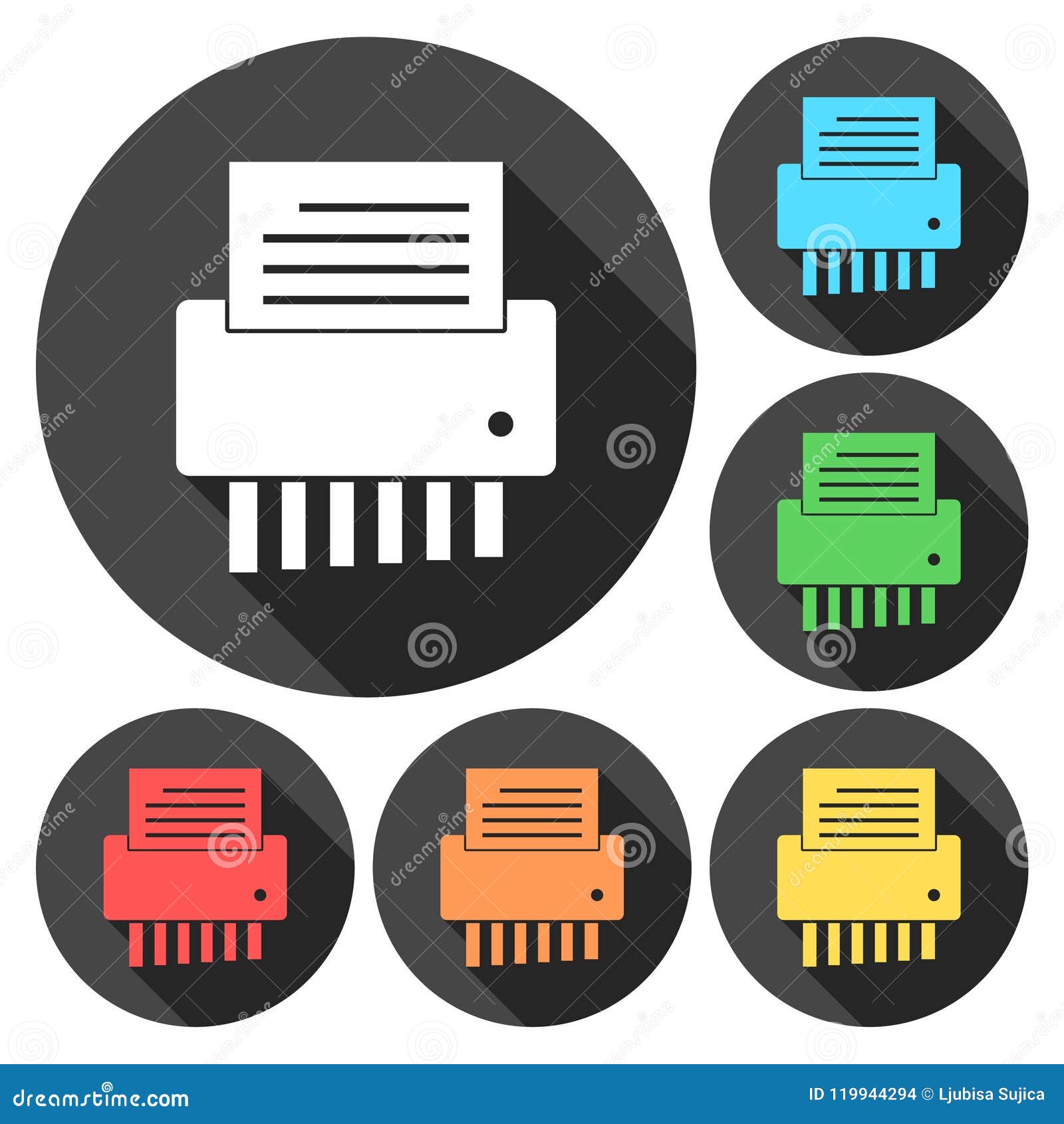 Shredder Shredding a Document Icons Set with Long Shadow Stock Vector ...