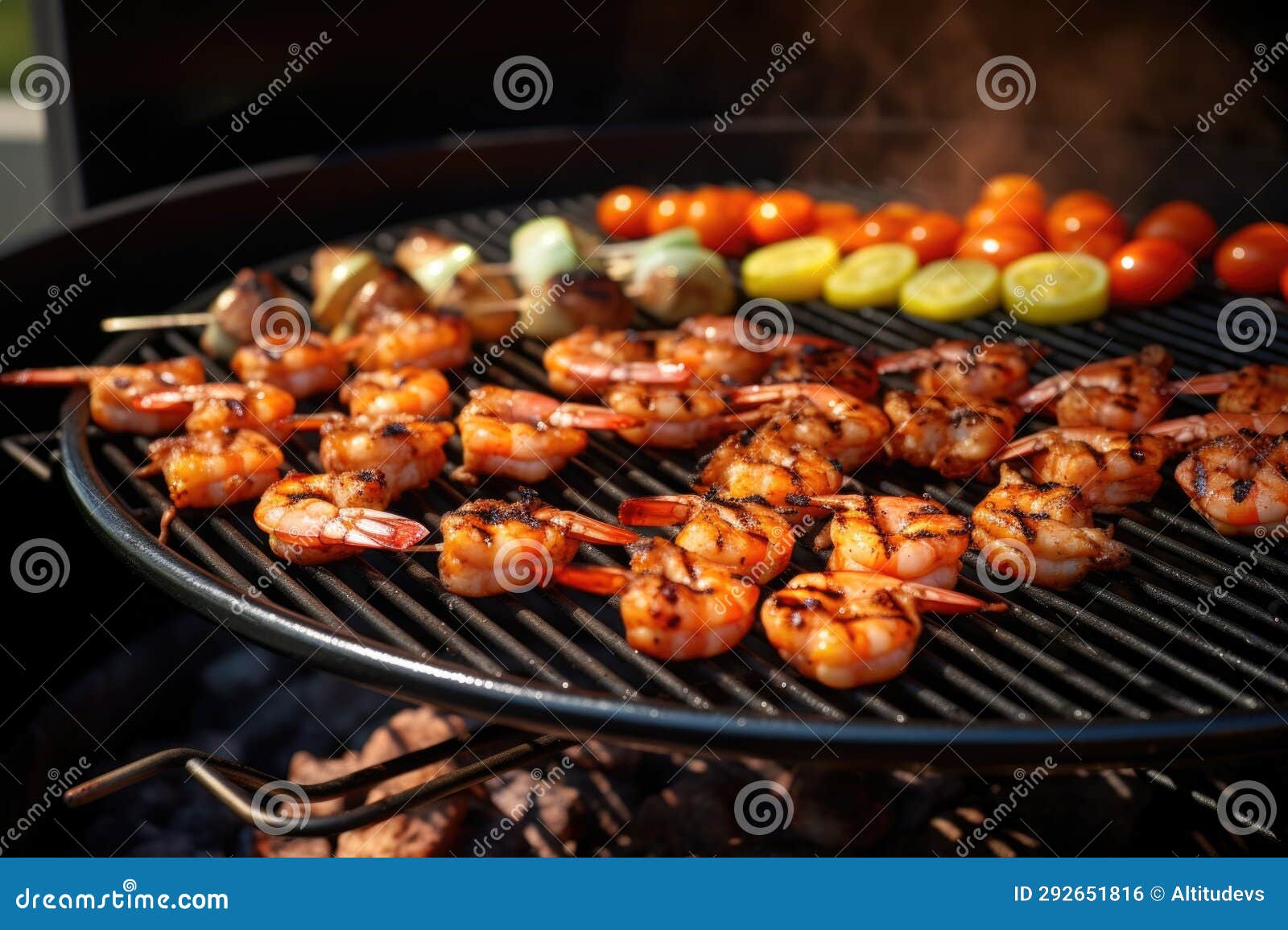 Shrimp Being Turned and Cooked on a Smoky Grill Stock Photo - Image of ...