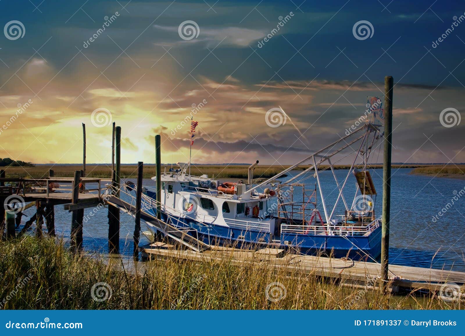 Shrimp Boat at Marsh at Sunrise Stock Image - Image of shore, coastline ...