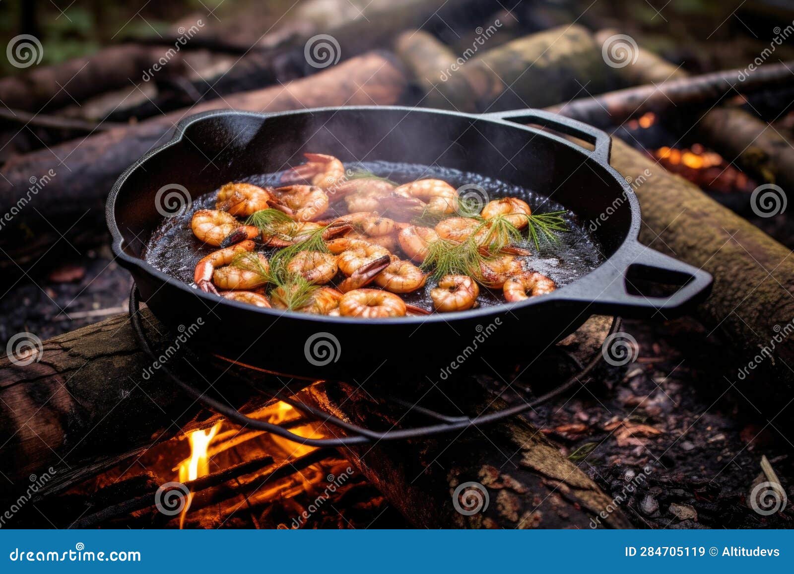 Shrimp Cooking in a Cast Iron Skillet on Campfire Grate Stock Image ...