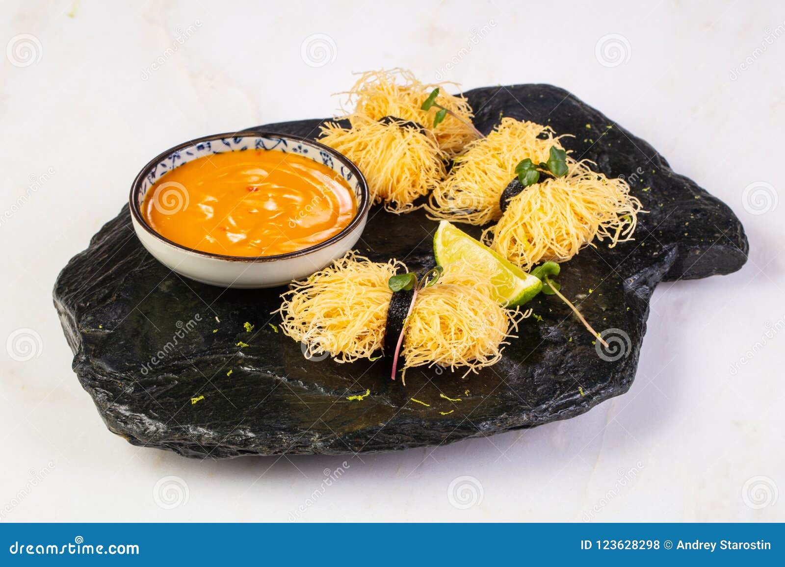 Shrimp in kataifi stock photo. Image of plate, cuisine - 123628298