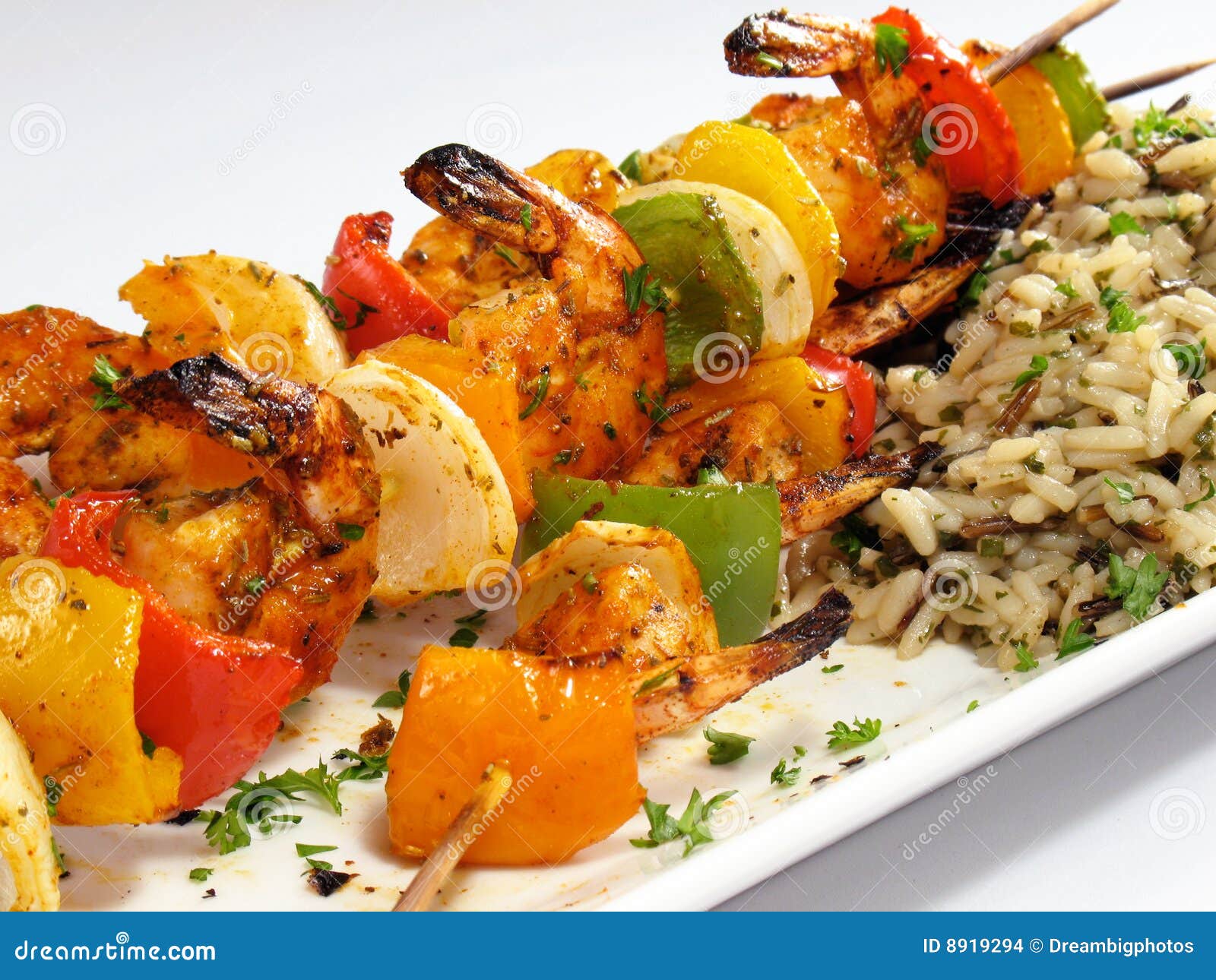 Shrimp Kebabs with Rice stock photo. Image of plate, pilaf - 8919294