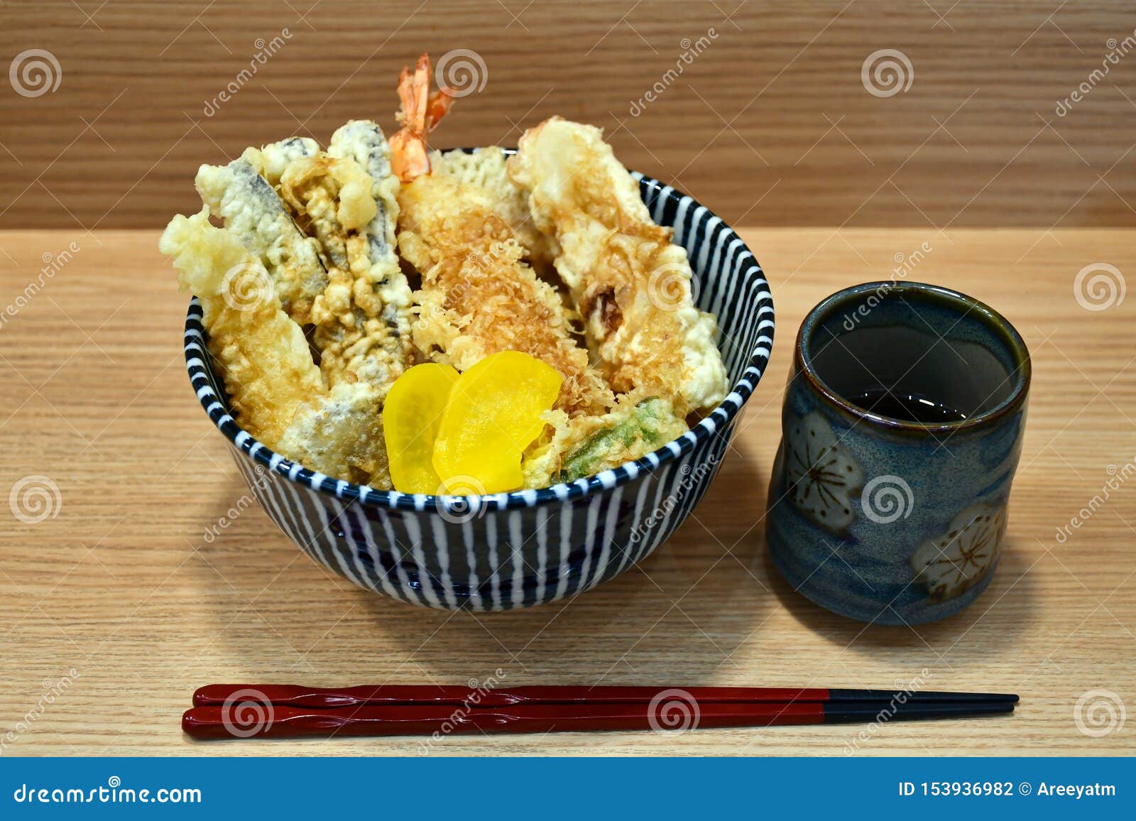 Shrimp and Mixed Vegetable Tempura Rice Bowl Stock Photo - Image of ...