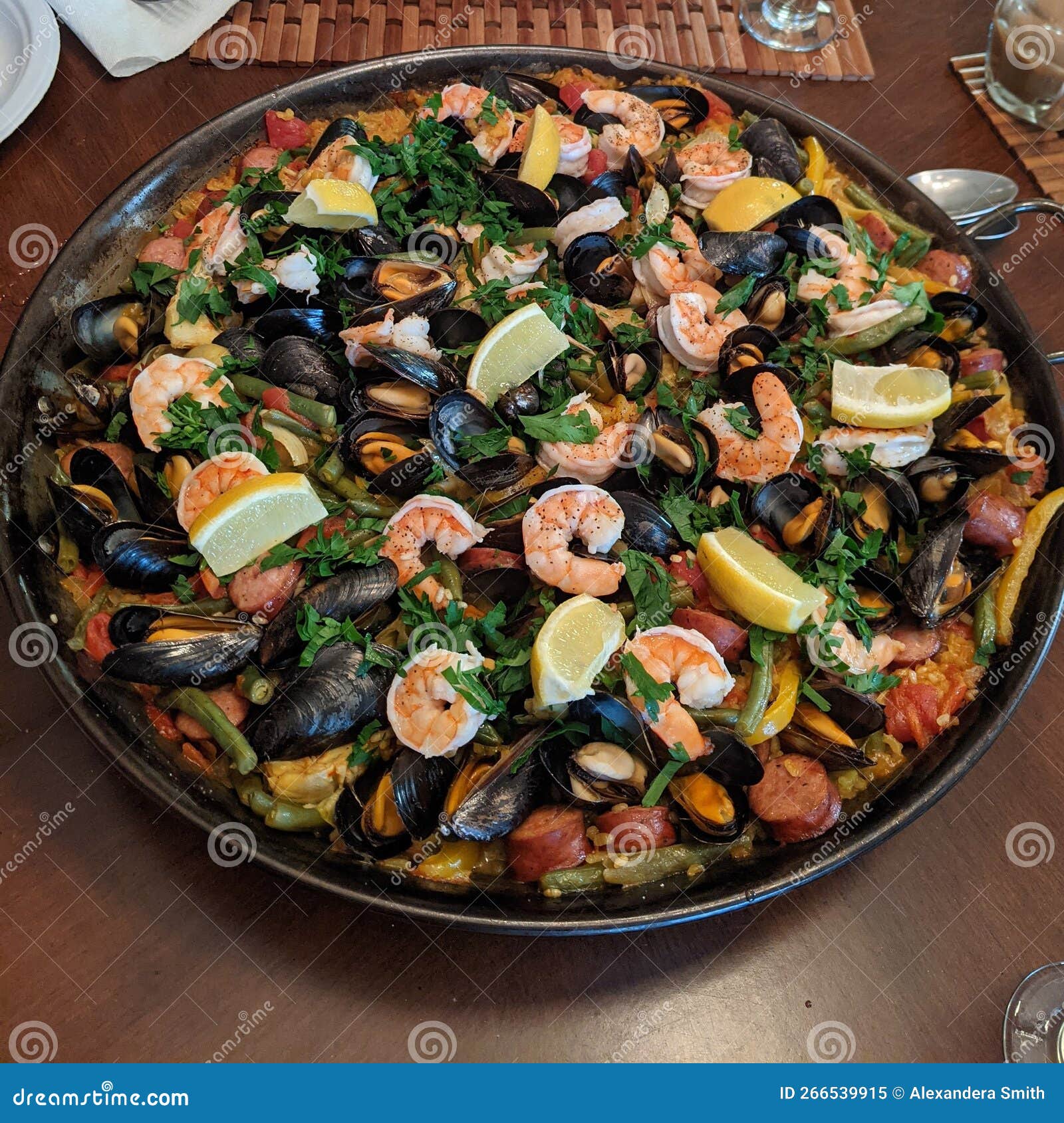 Shrimp and mussel Paella stock image. Image of vegetable - 266539915
