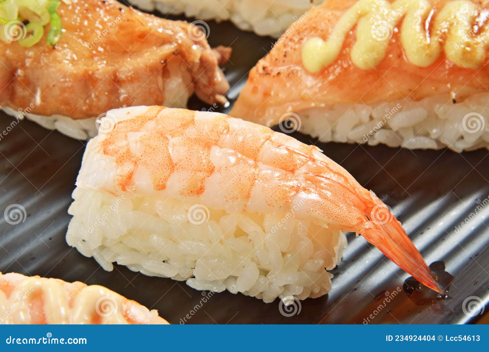 Shrimp nigiri sushi stock photo. Image of board, freshness - 234924404