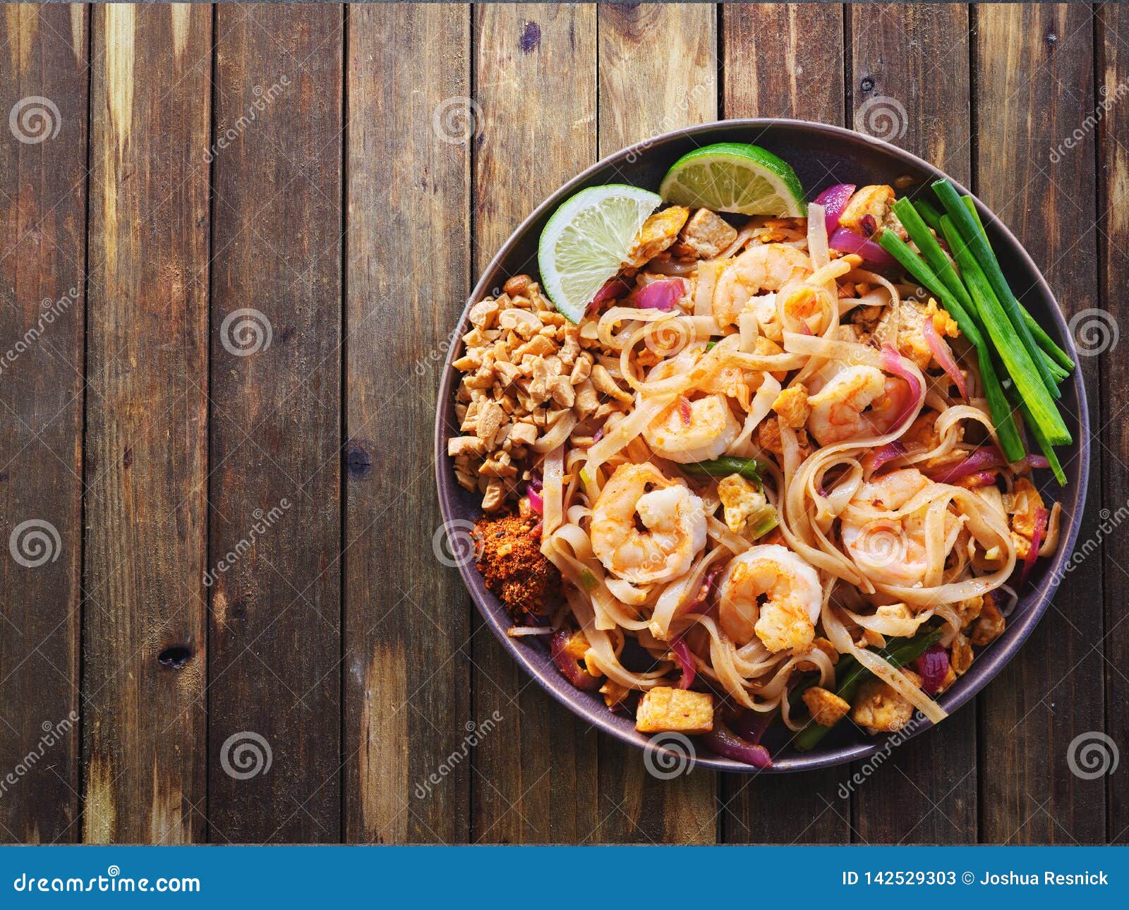 Shrimp Pad Thai on Plate in Flat Lay Composition with Copy Space Atop ...