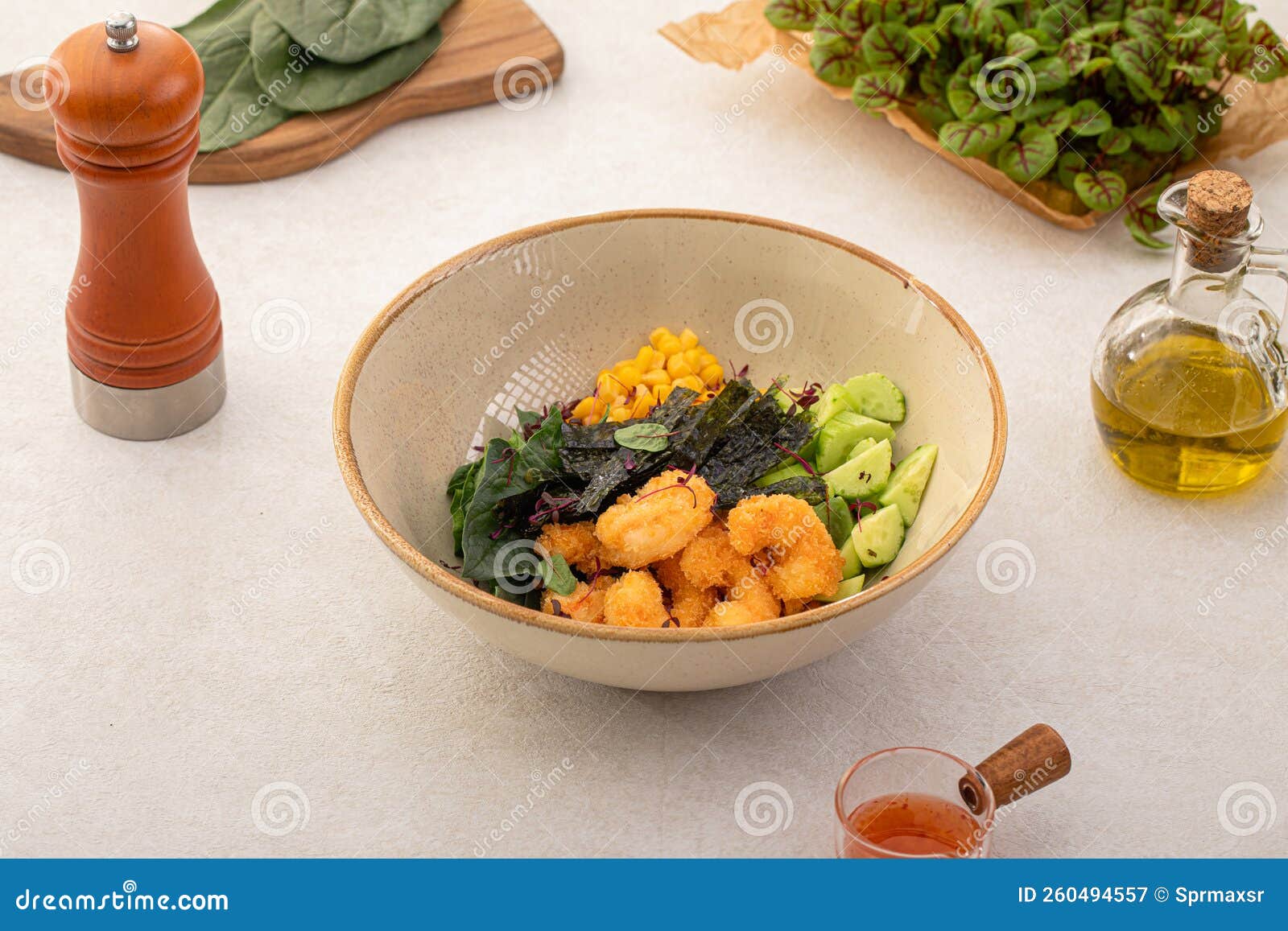 Shrimp Poke Bowl with Vegetables and Corn Stock Image - Image of ...