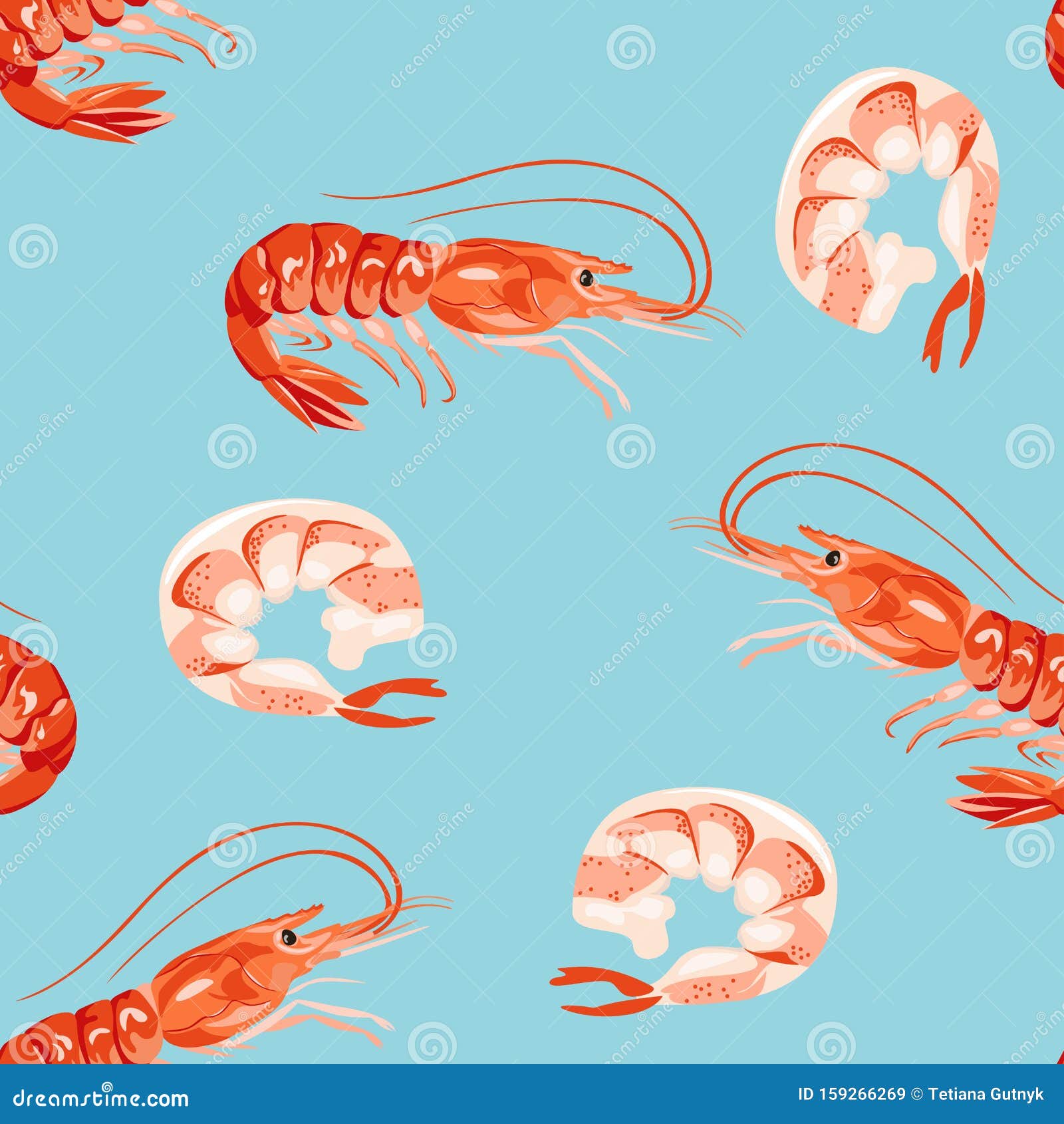 Shrimp Seamless Pattern on Blue Background. Seafood Stock Vector ...