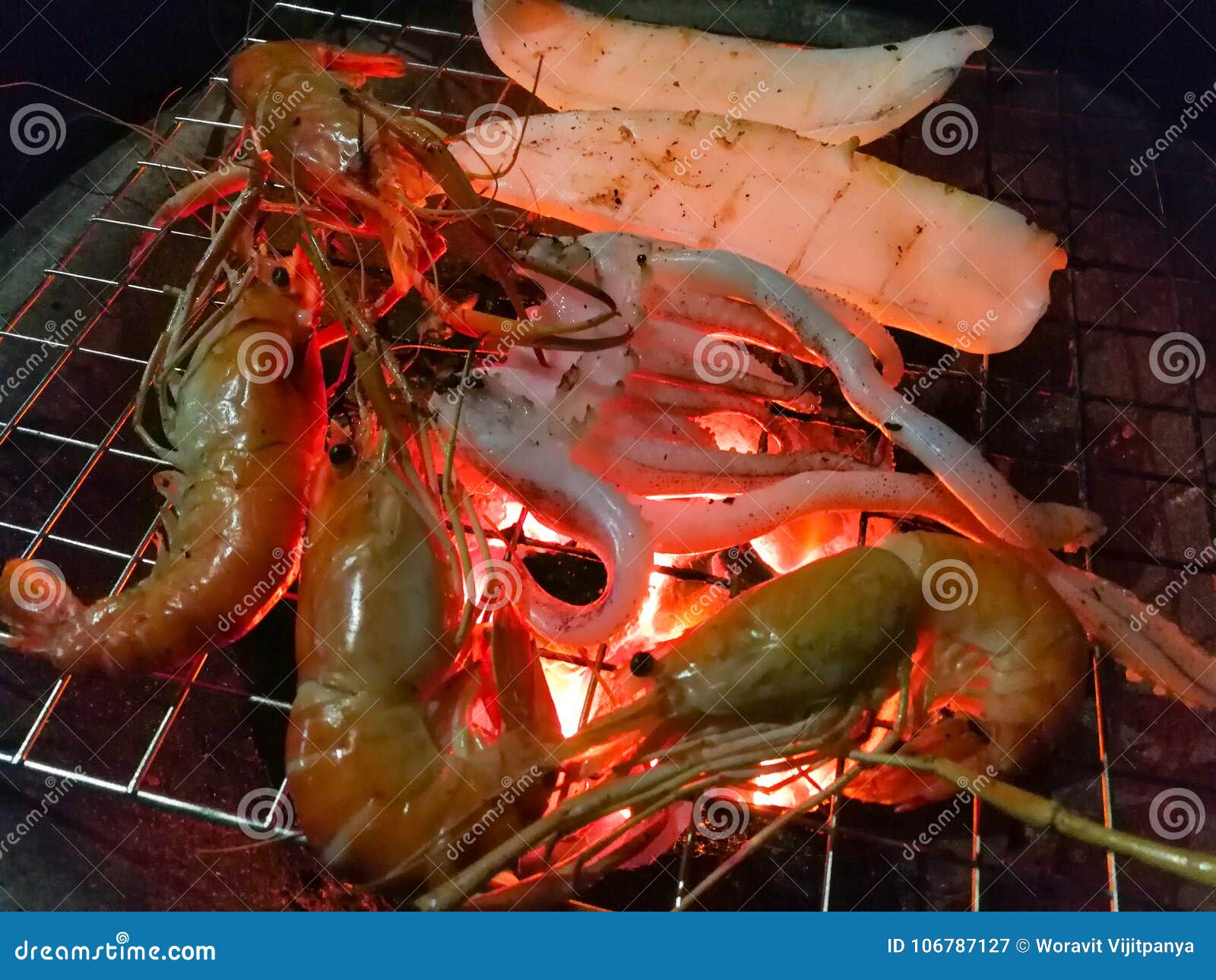 Shrimp and squid has burn stock image. Image of eight - 106787127