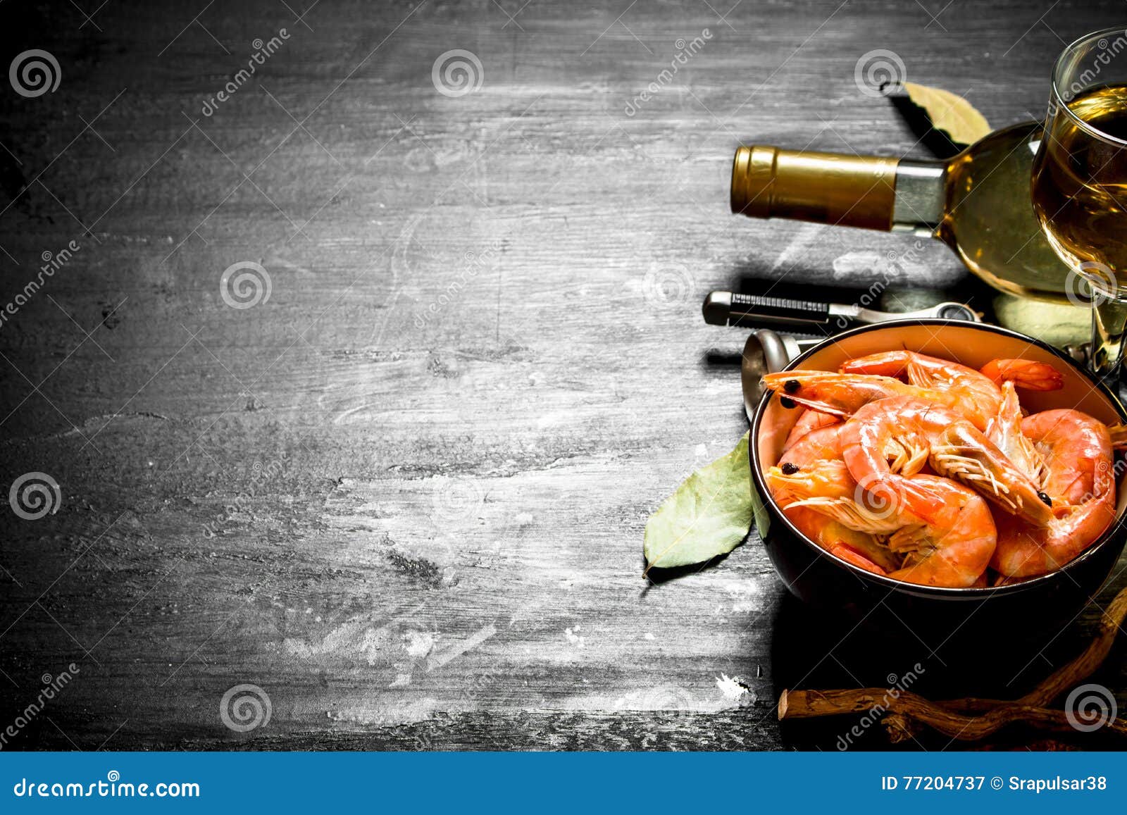 Shrimp with White Wine and a Corkscrew. Stock Image - Image of cooked ...