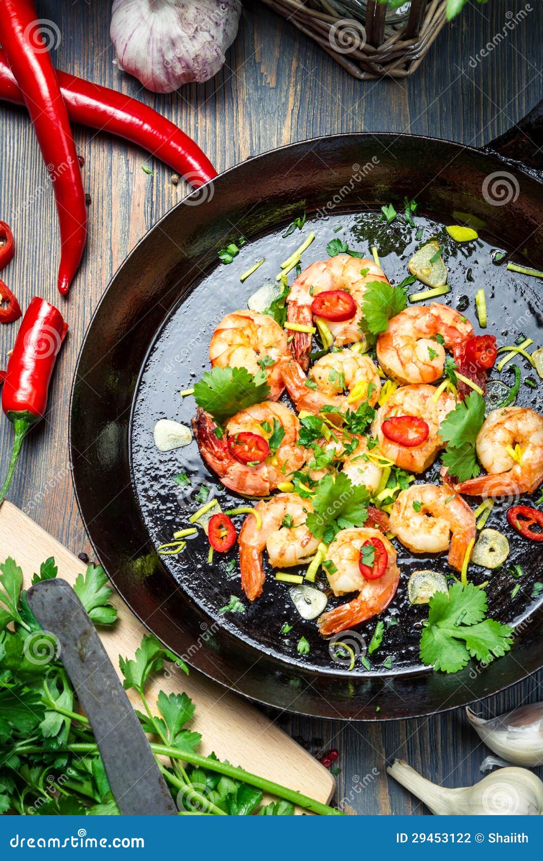 Shrimps Served on a Pan with Chilli Pepper Stock Photo - Image of ...