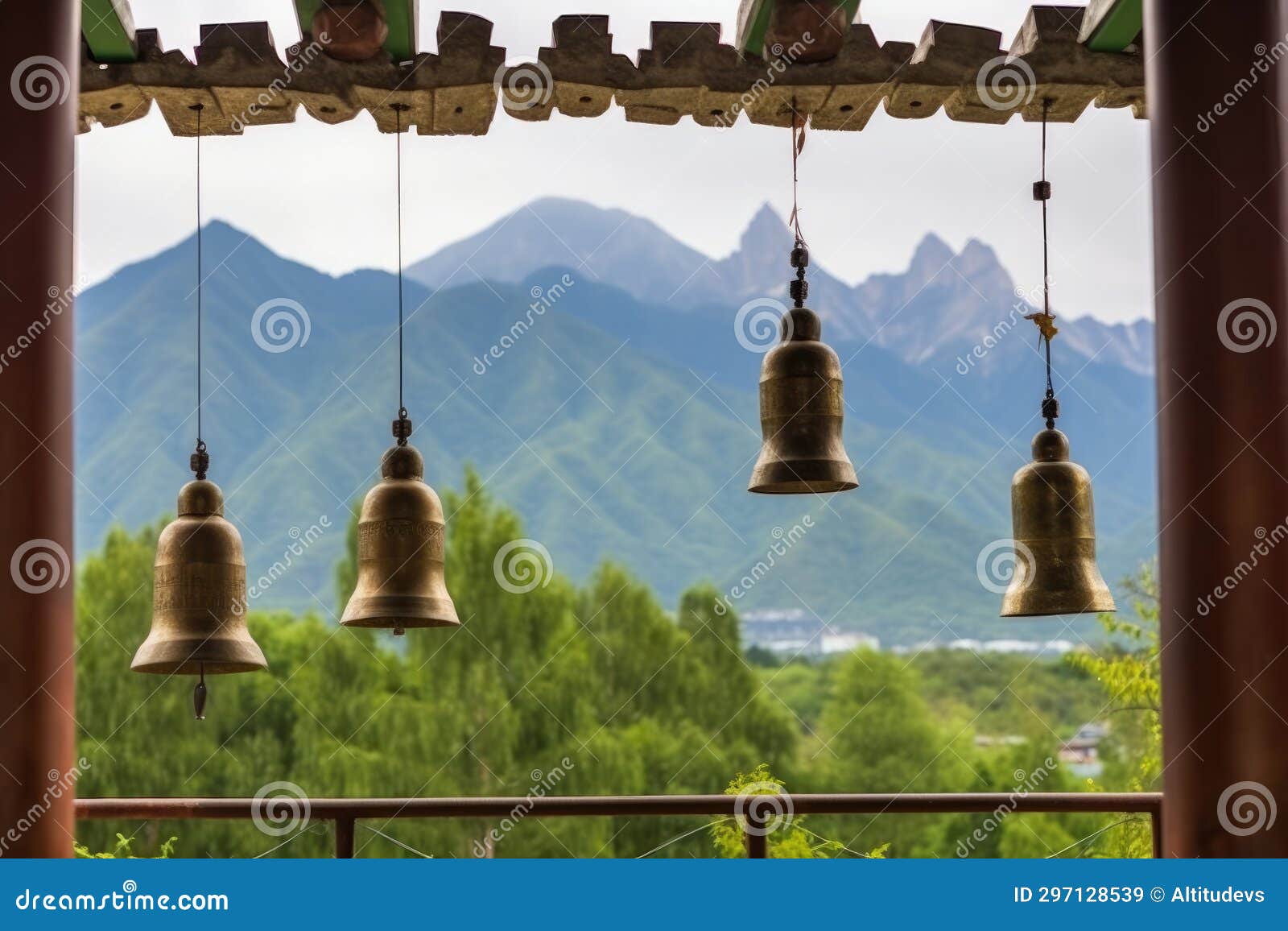 A Shrine with Brass Bells Against the Backdrop of Tiered Mountain Homes ...